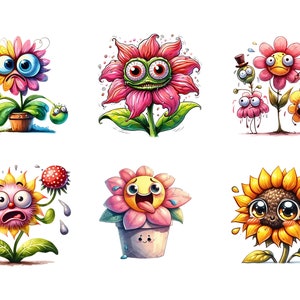 32 Watercolor Funny Cute Flowers Clipart Bundle, Funny Flower Png ...