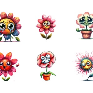 32 Watercolor Funny Cute Flowers Clipart Bundle, Funny Flower Png ...