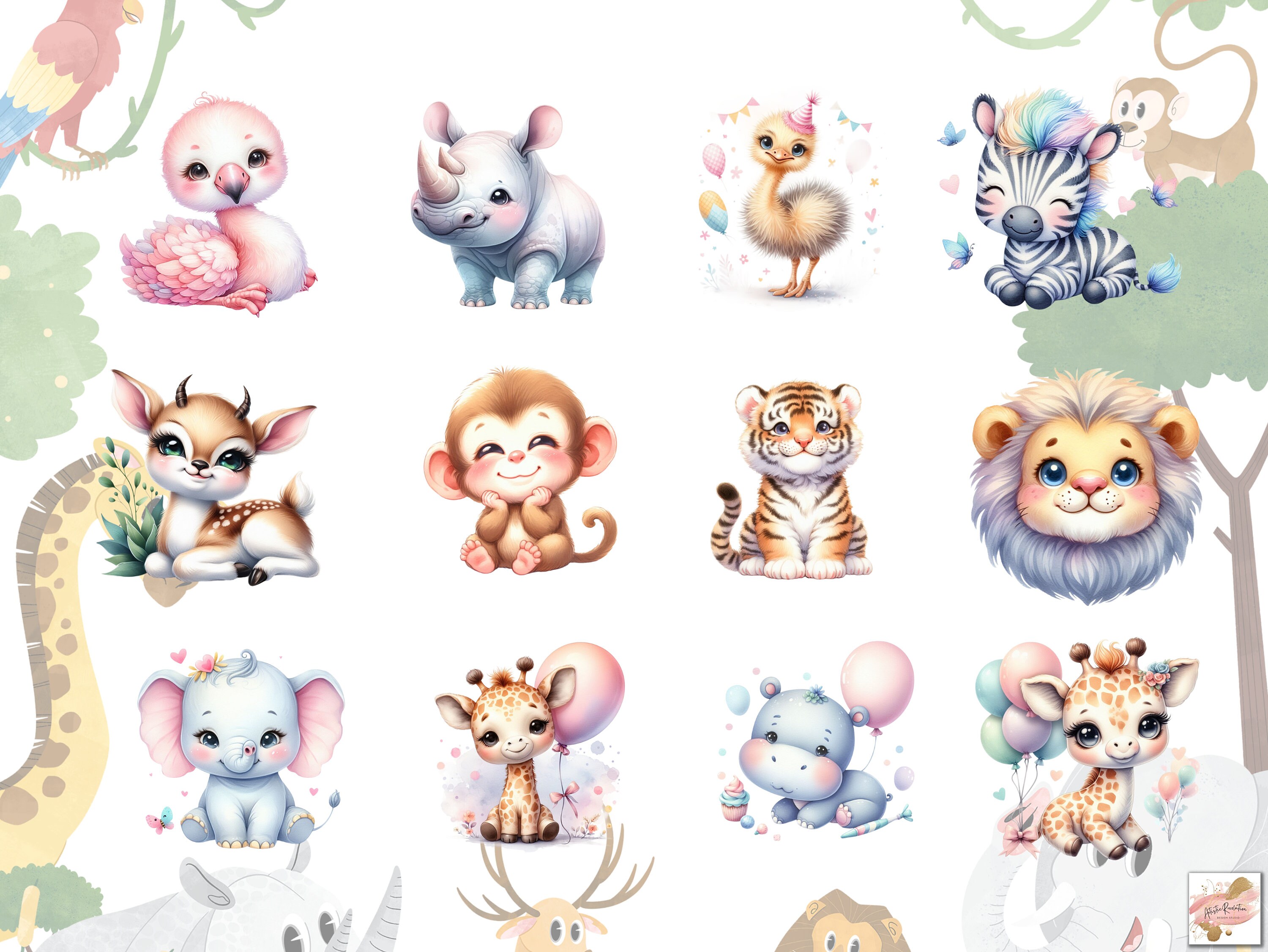 200 Watercolor Baby Safari Animals Clipart Bundle, Watercolor Cute ...