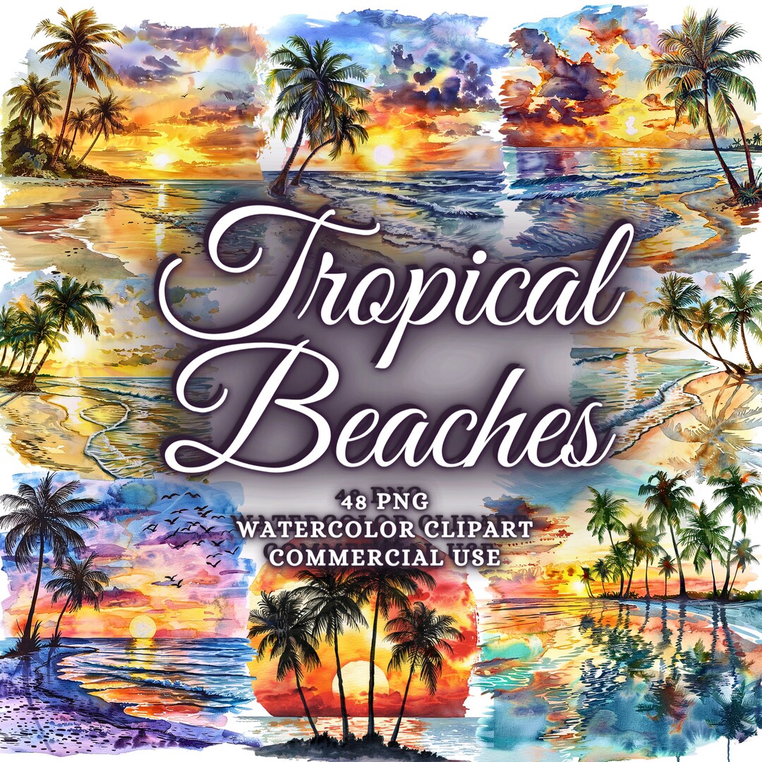 48 Watercolor Summer Tropical Beach Clipart Bundle, Summer Tropical Png ...