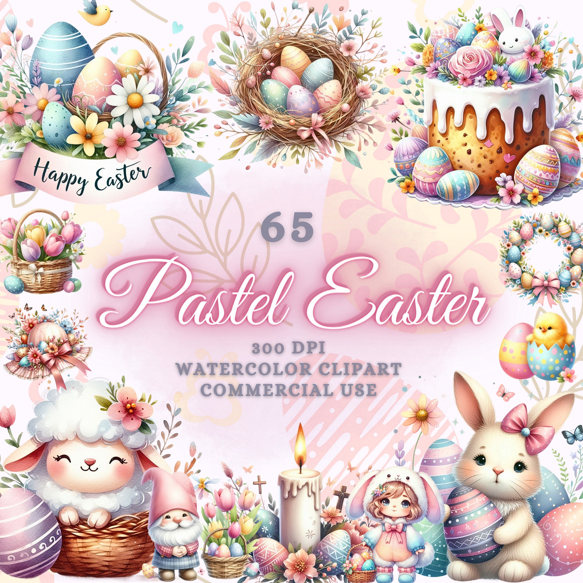 Pastel Watercolor Easter Clipart Bundle Easter Clipart Bunnies, Egg ...