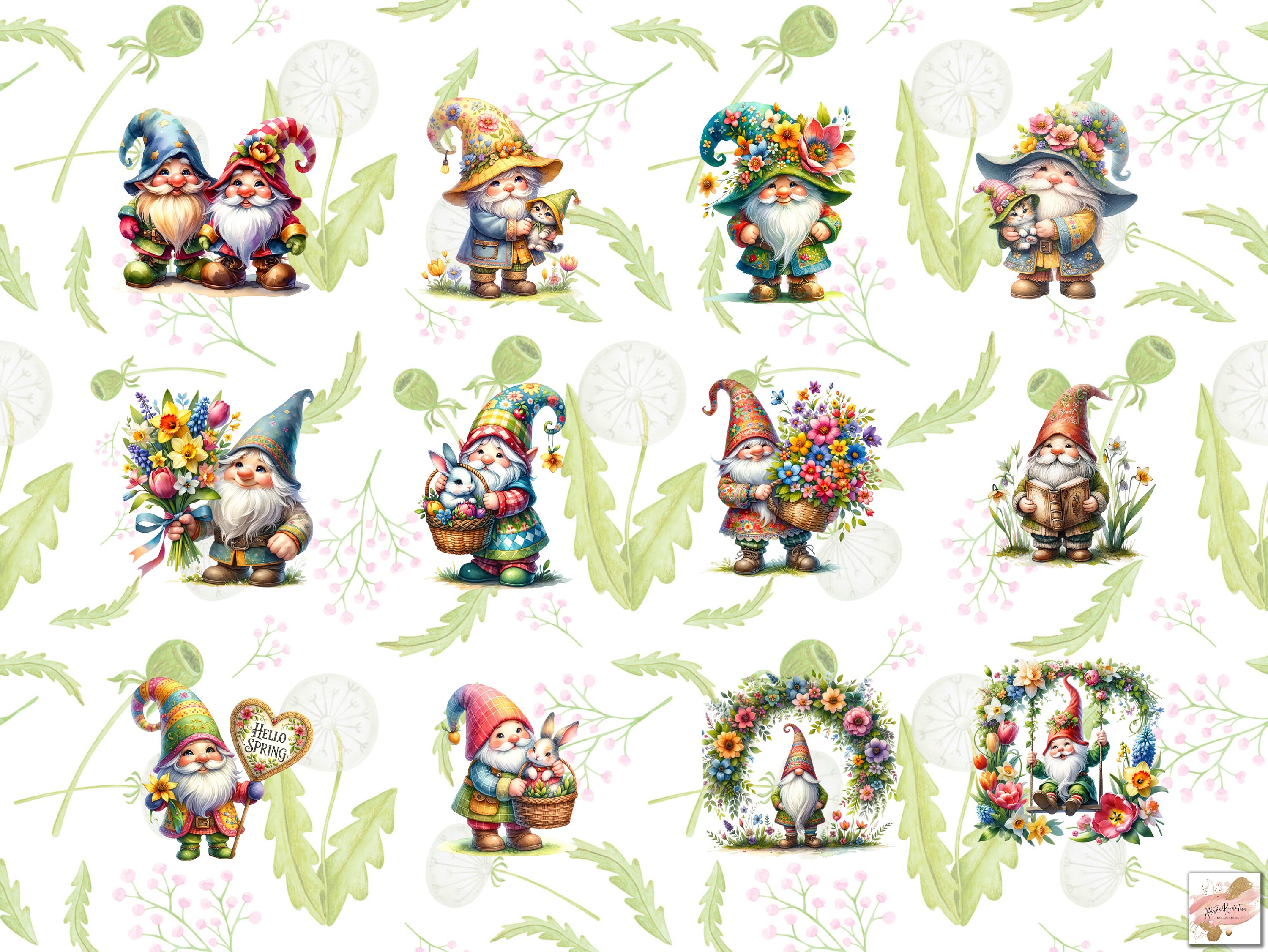115 Watercolor Spring Garden Gnomes Clipart Bundle, Cute Gnomes Png ...