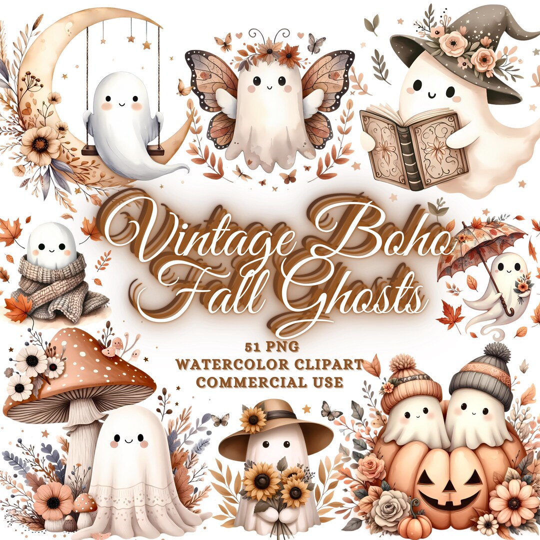 51 Vintage Fall Ghost Clipart, Autumn Boho Ghost Clip Art, Watercolor ...