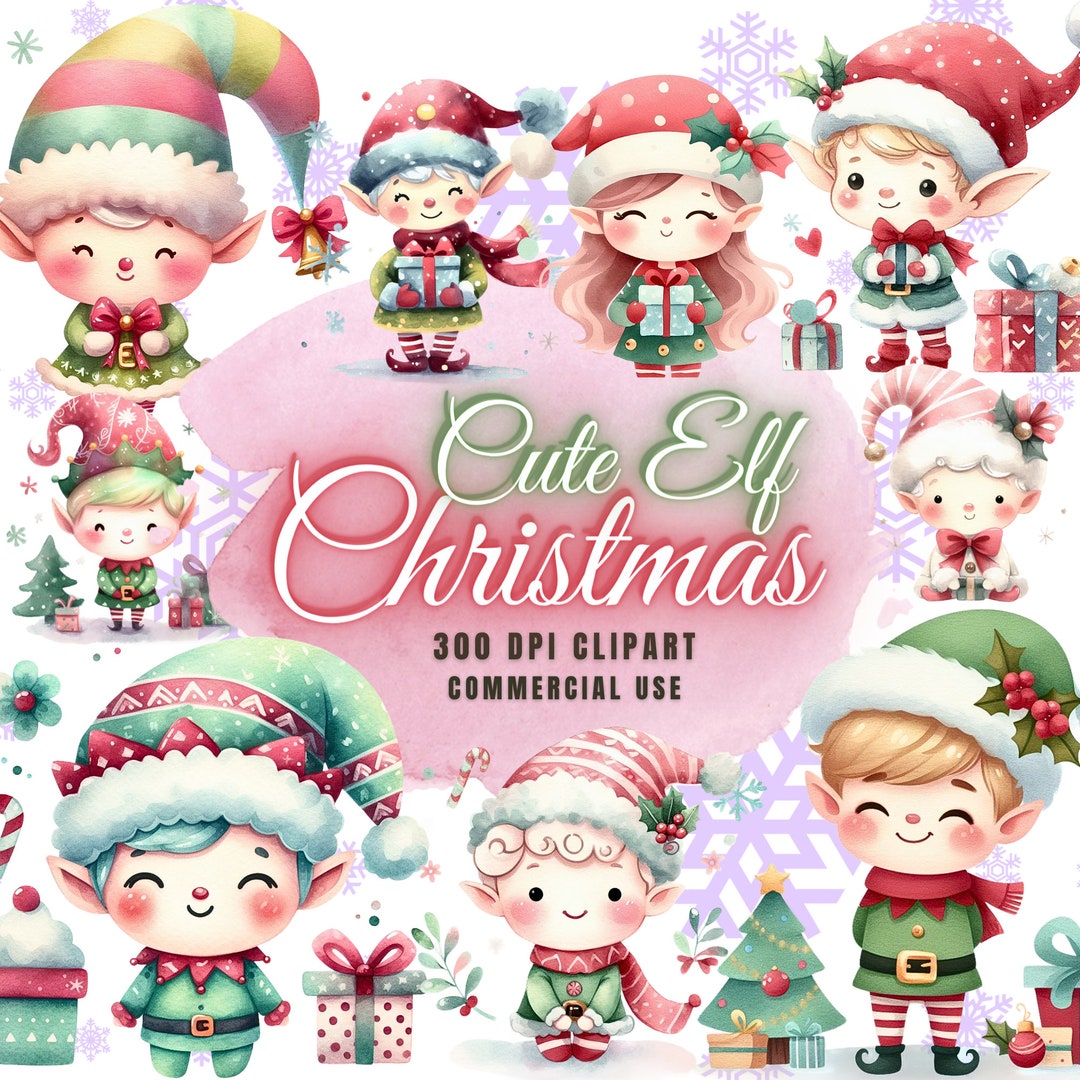 Christmas Elves Watercolor Clipart, Cute Elf Clipart Bundle, Santa's ...