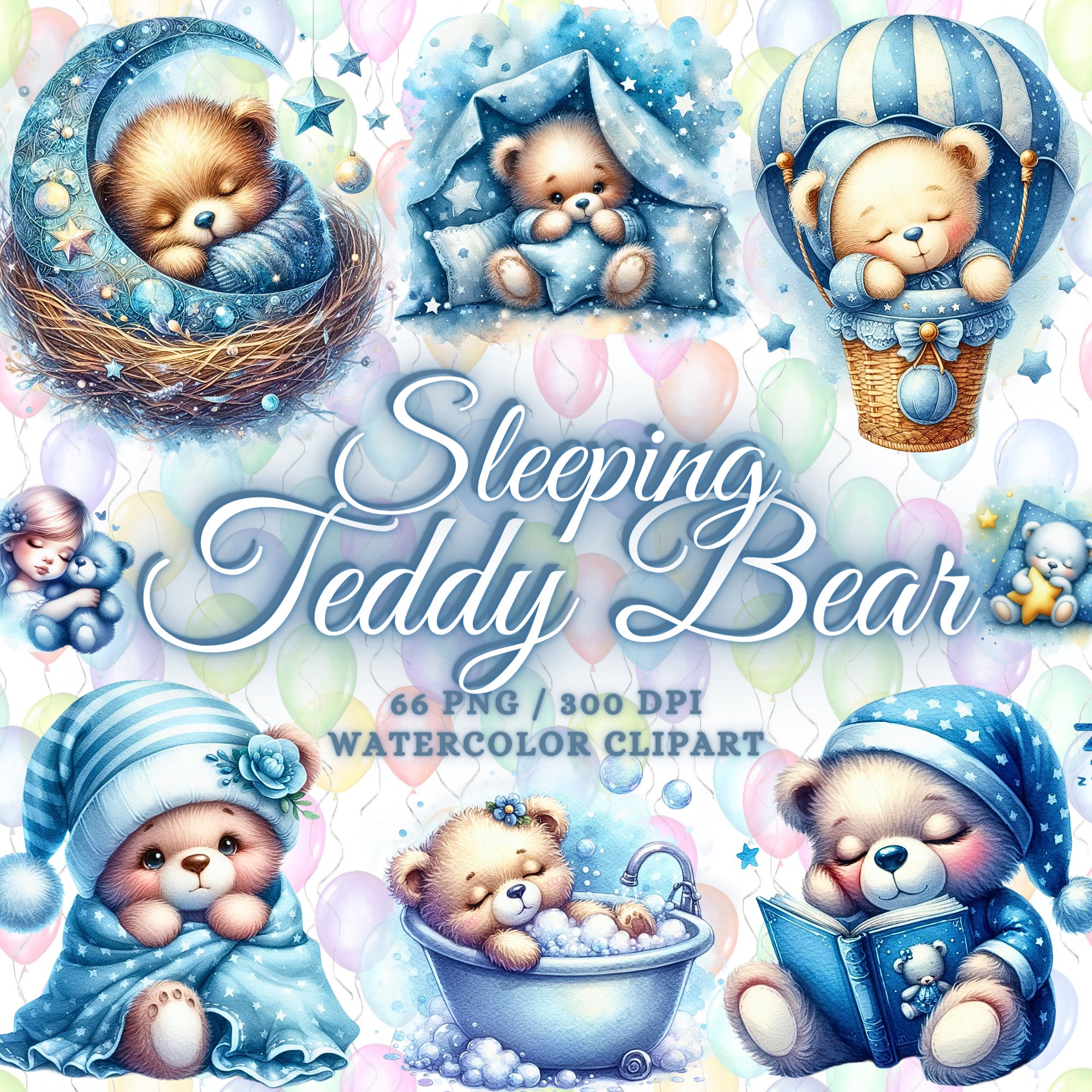 66 Cute Watercolor Teddy Bear Clipart Bundle, Sleeping Teddy Bears ...