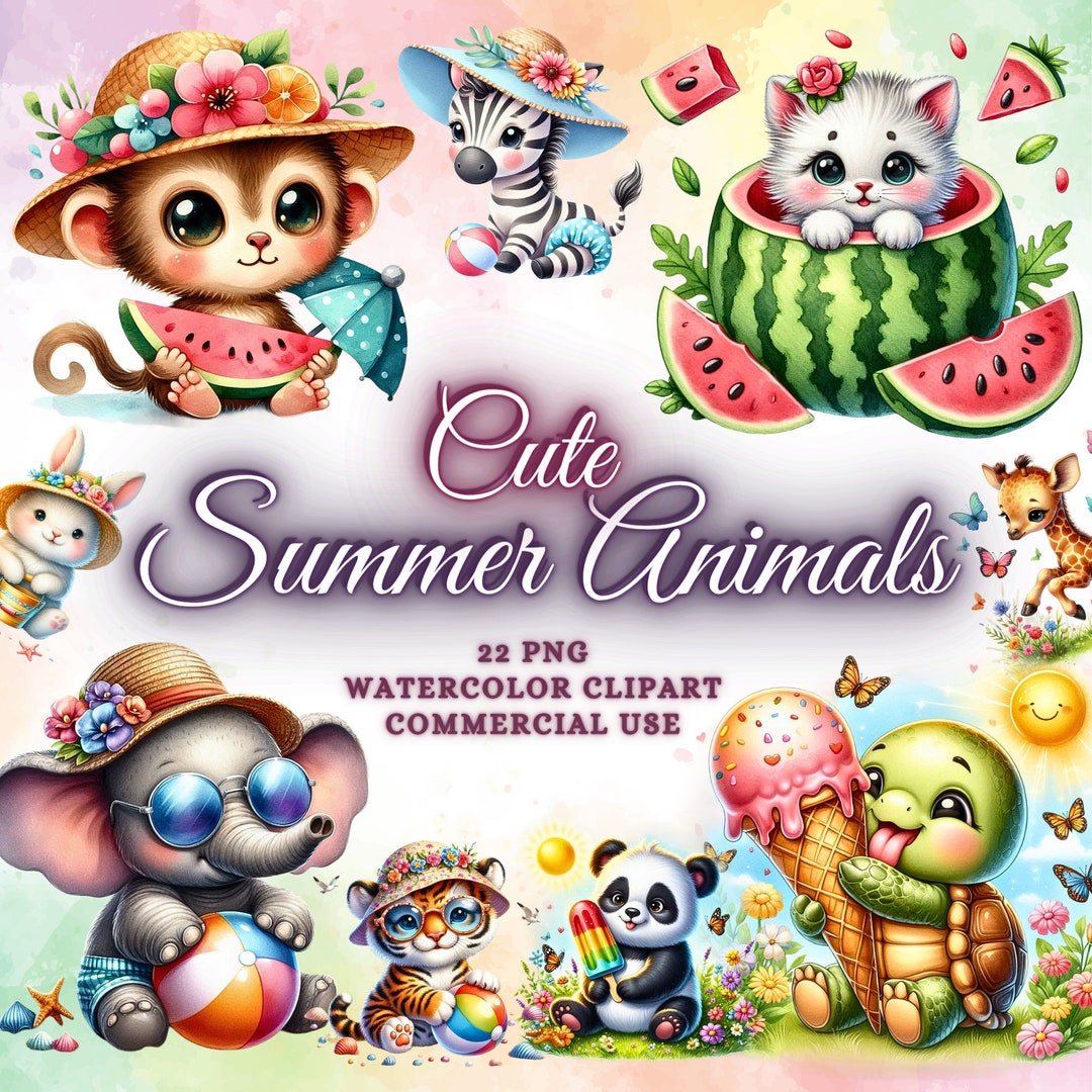 Watercolor Summer Cute Animals Clipart Bundle, Cute Summer Clipart ...