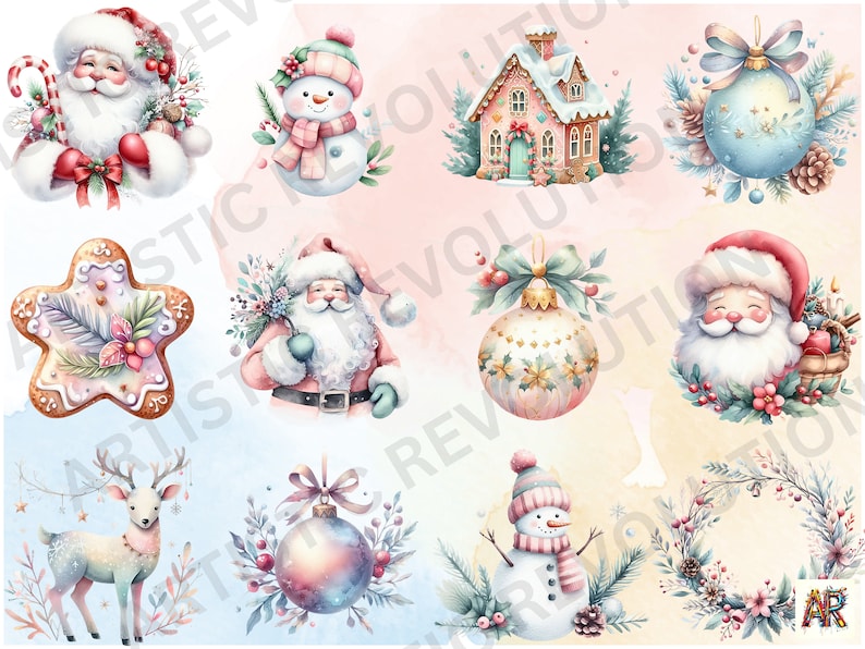 Cute Pastel Christmas Clipart Bundle PNG Watercolor Xmas Clip Art Pink ...