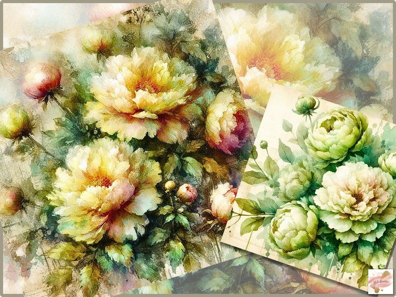 Watercolor Peonies Papers, Vintage Peonies Digital Papers Peony Journal ...
