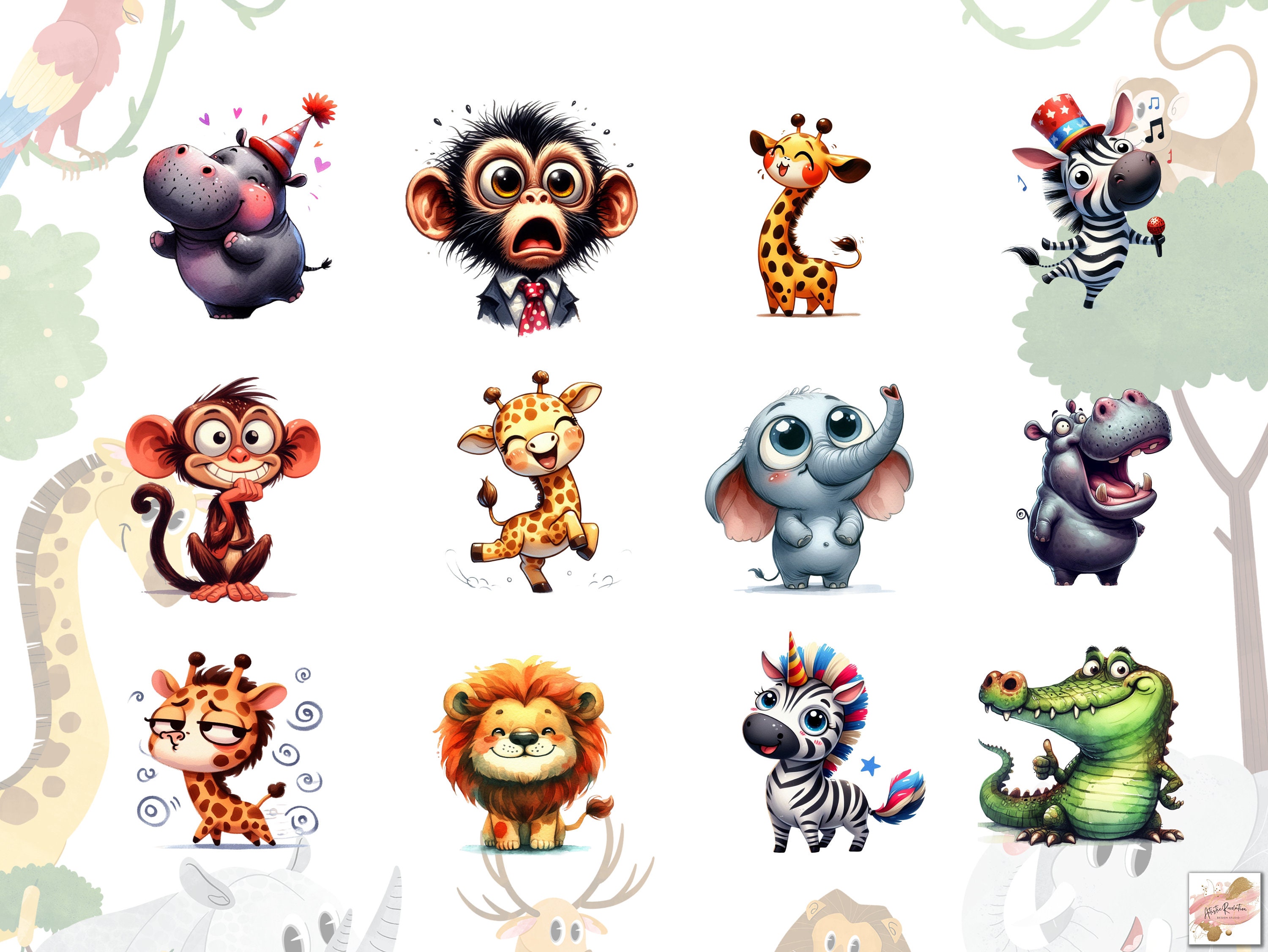 52 Cute & Funny Safari Animals Clipart Bundle, Quirky Funny Jungle ...