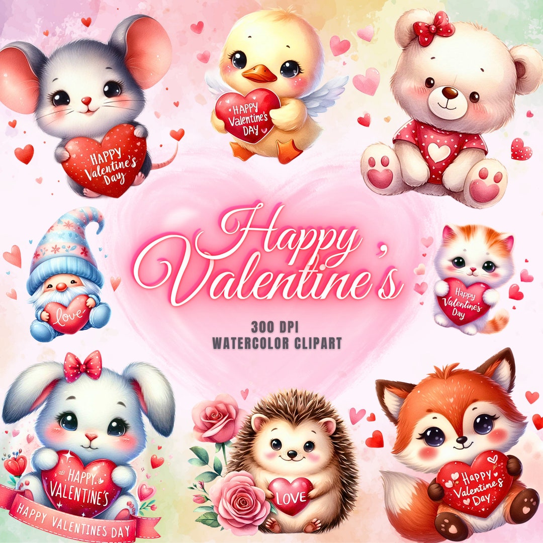 Cute Funny Watercolor Valentine Clipart Bundle Cute Valentine Heart ...