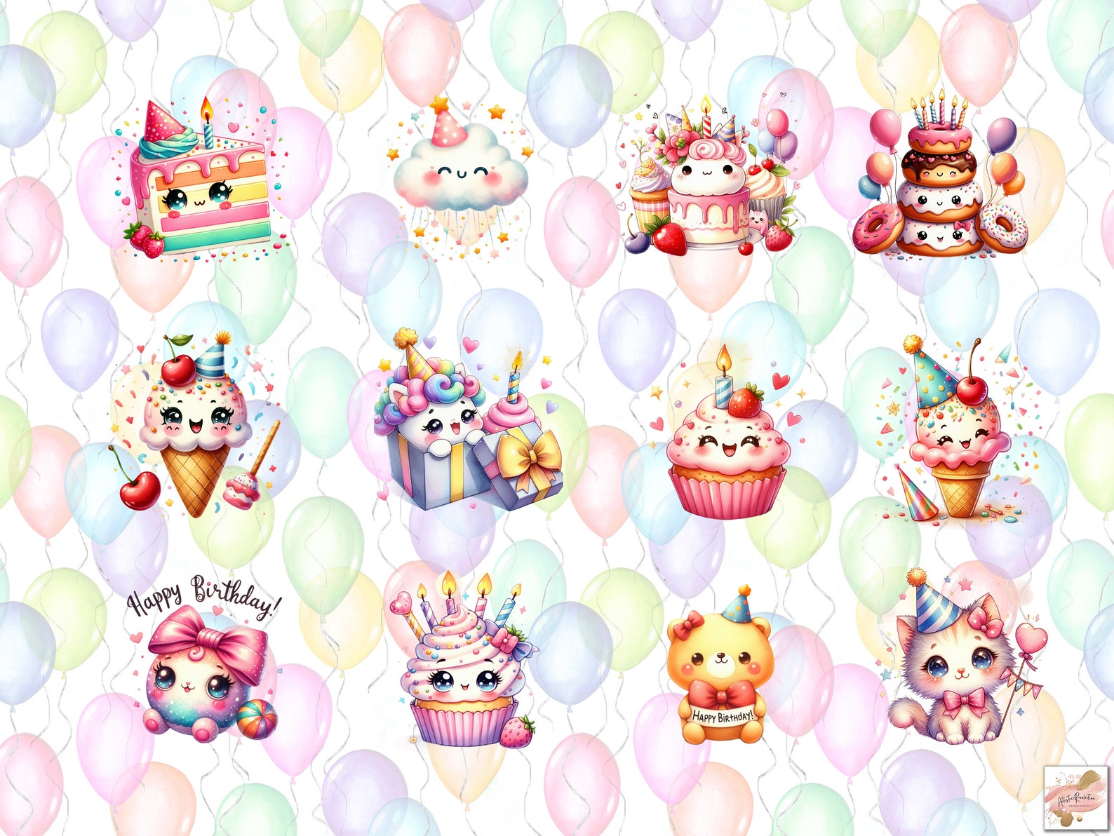 62 Cute Kawaii Birthday Clipart Bundle, Kawaii Birthday Png, Happy ...