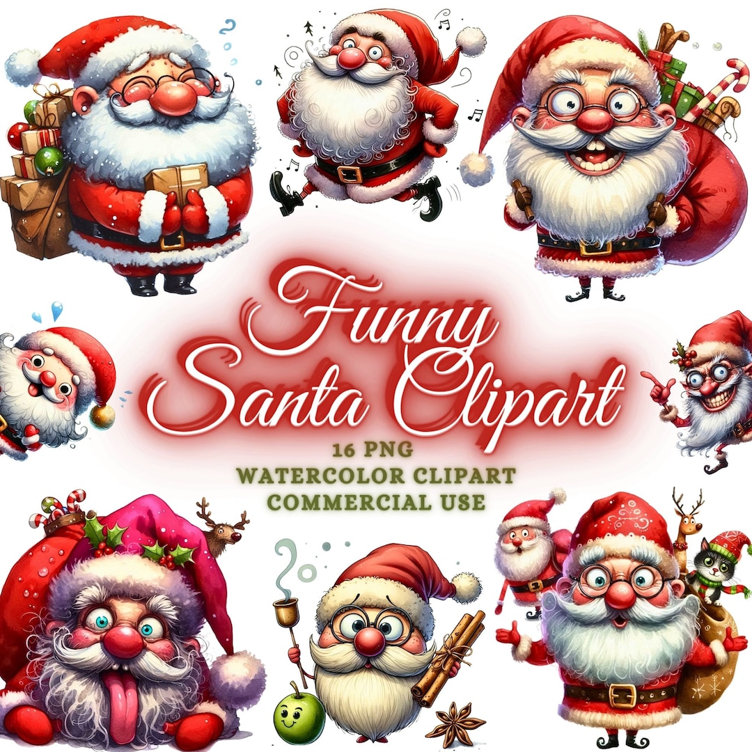 Funny Santa Claus Clipart, Cute Watercolor Santa, Cute Santa Claus Png ...