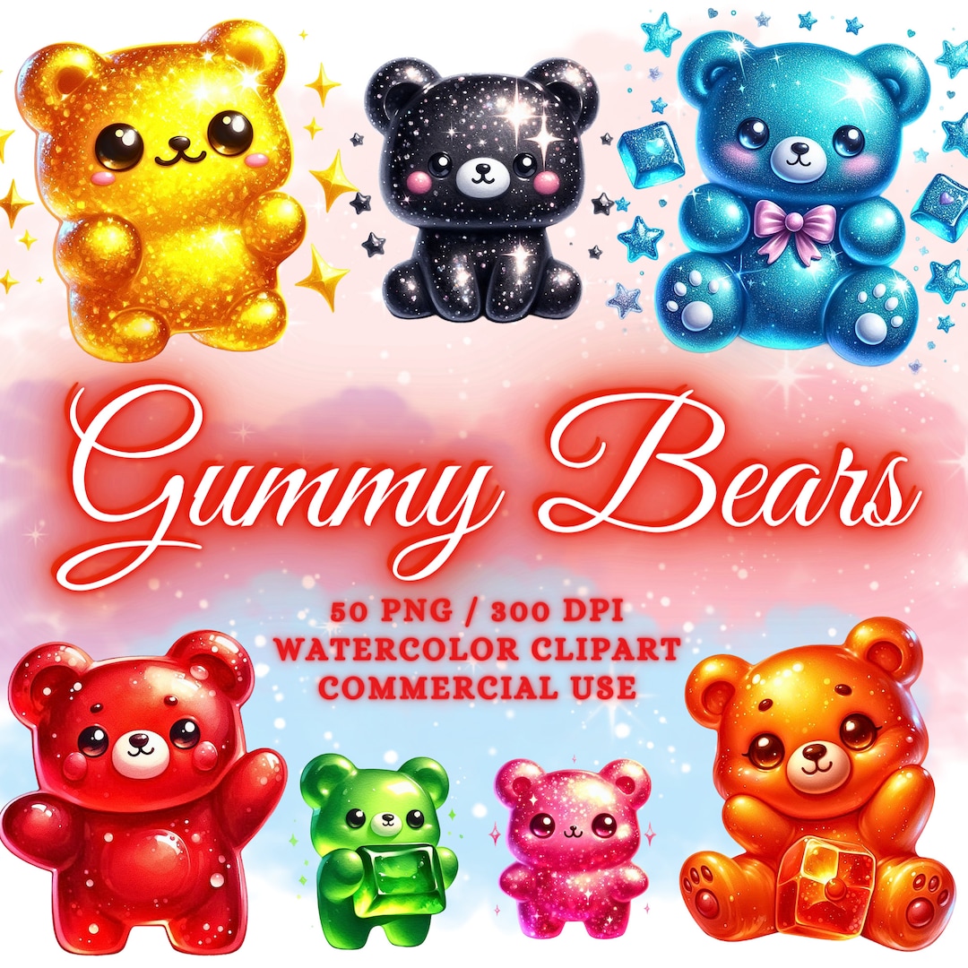 50 Cute Gummy Bears Clipart Bundle, Watercolor Baby Bears Clipart ...