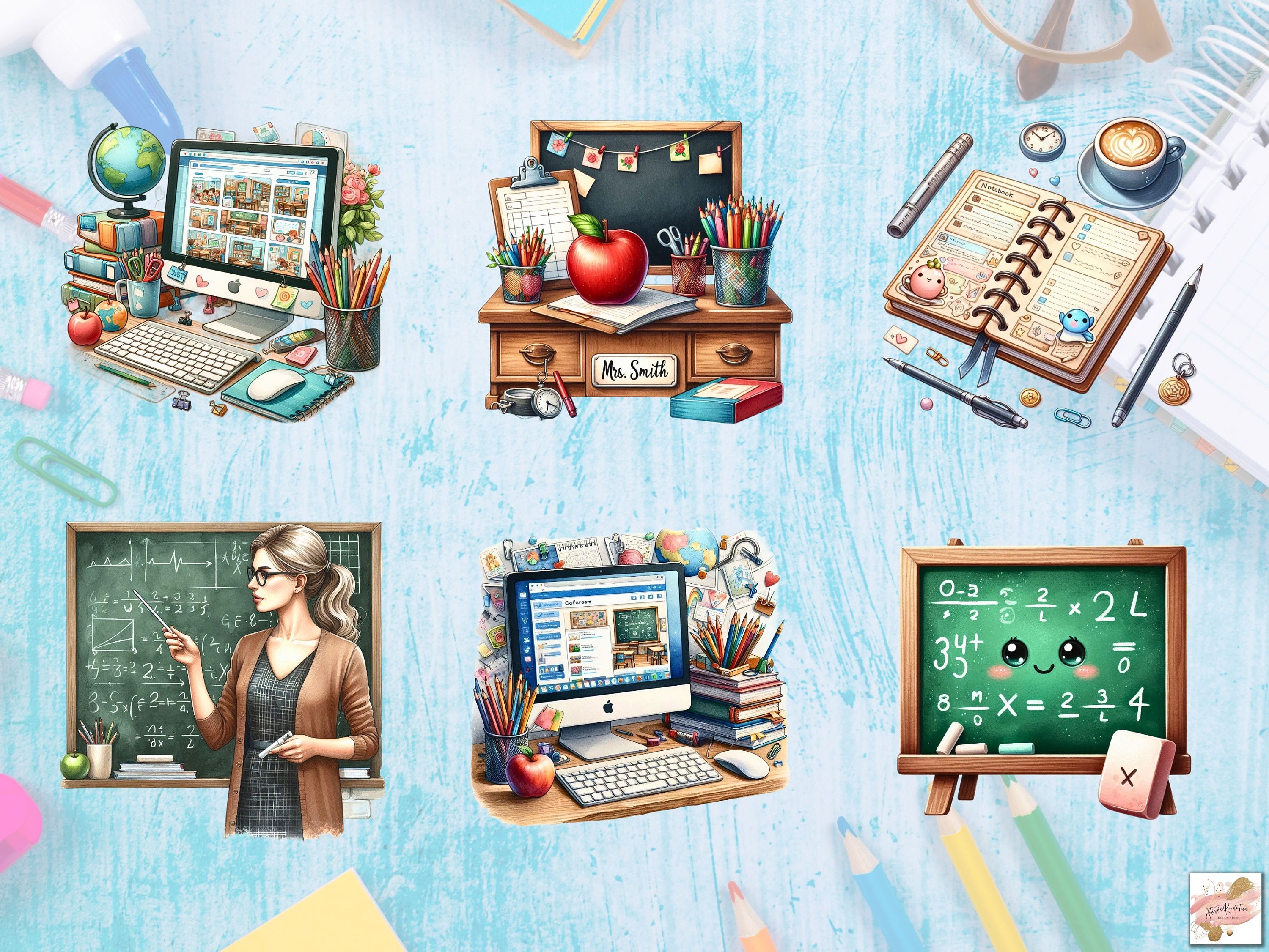 Back to School PNG Bundle, Watercolor Back to School Clipart Bundle ...