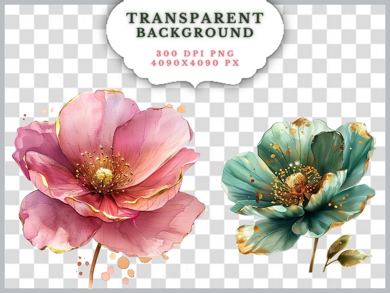 30 Watercolor Abstract Flowers Clipart Bundle, Pink Gold Flower Png ...