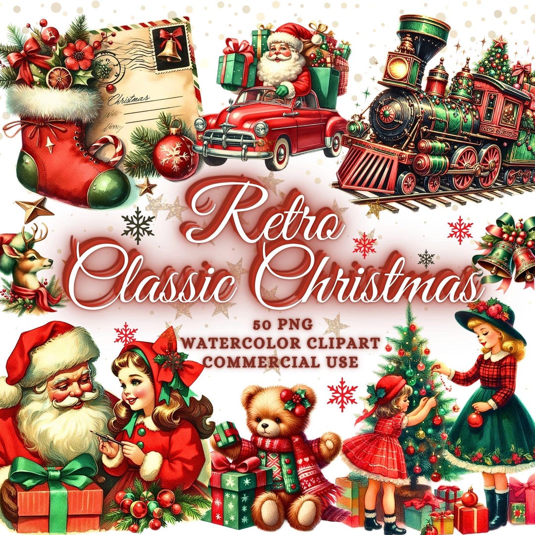 Watercolor Classic Christmas PNG Bundle, Retro Christmas Clipart Bundle ...