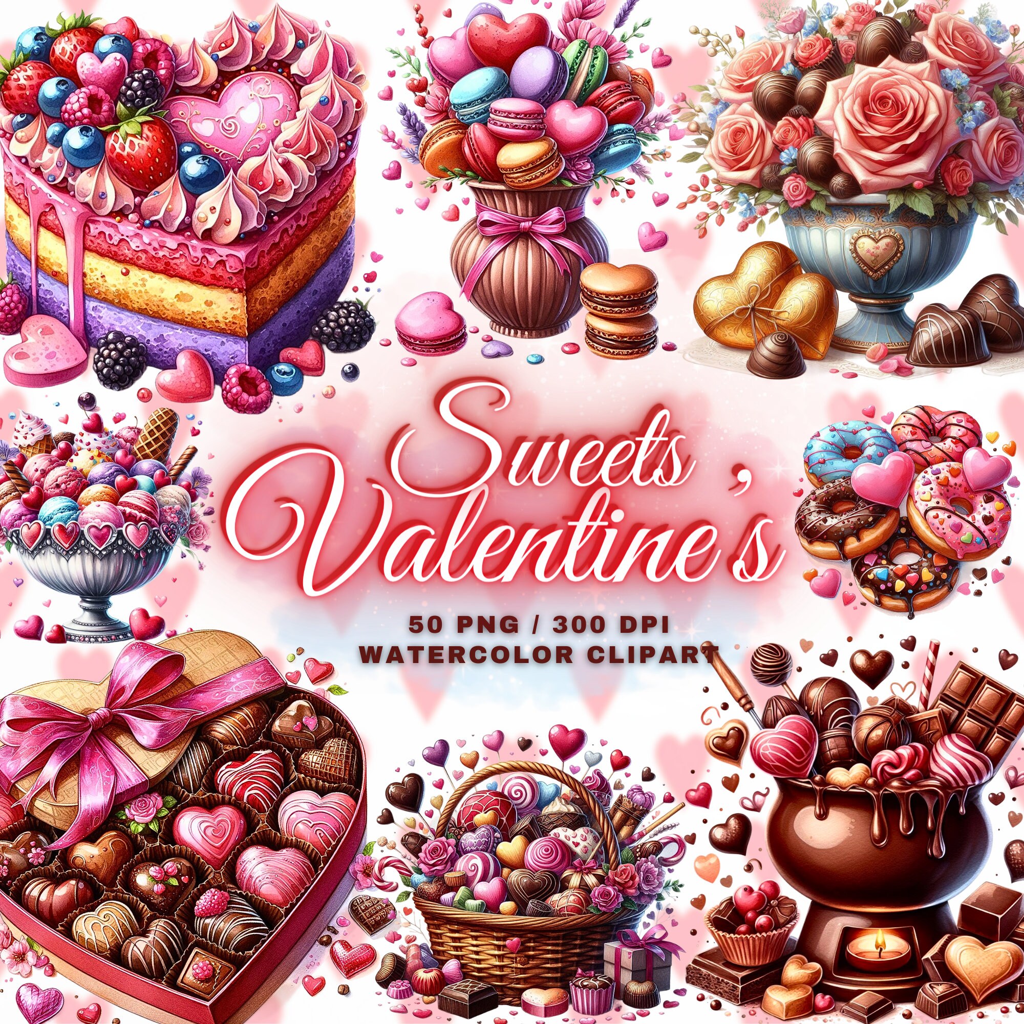 50 Valentines Day Clipart Bundle Watercolor Sweets Clipart PNG ...