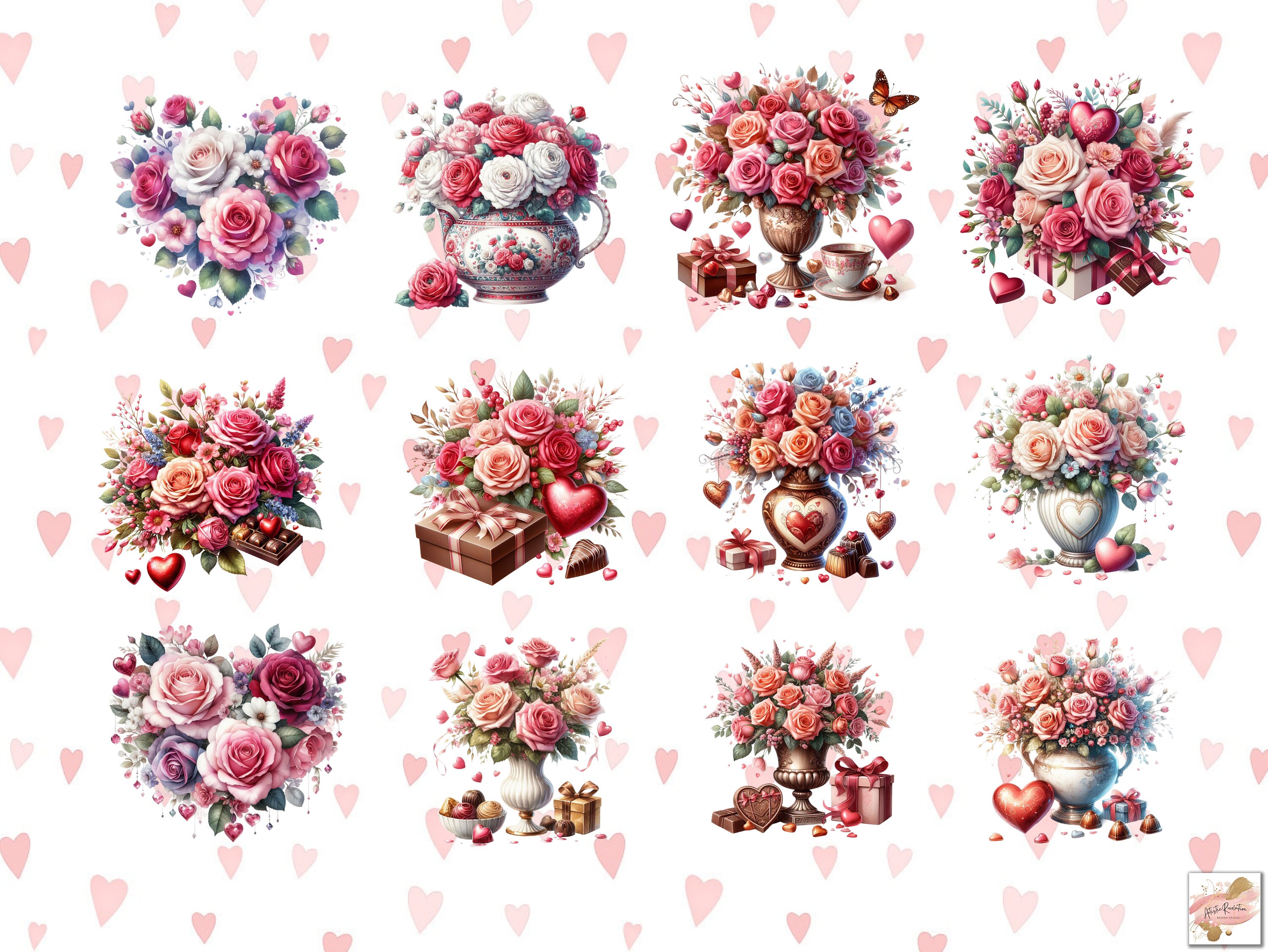 55 Valentine Rose Bouquets Clipart Bundle, Rose PNG Bundle, Floral Rose ...