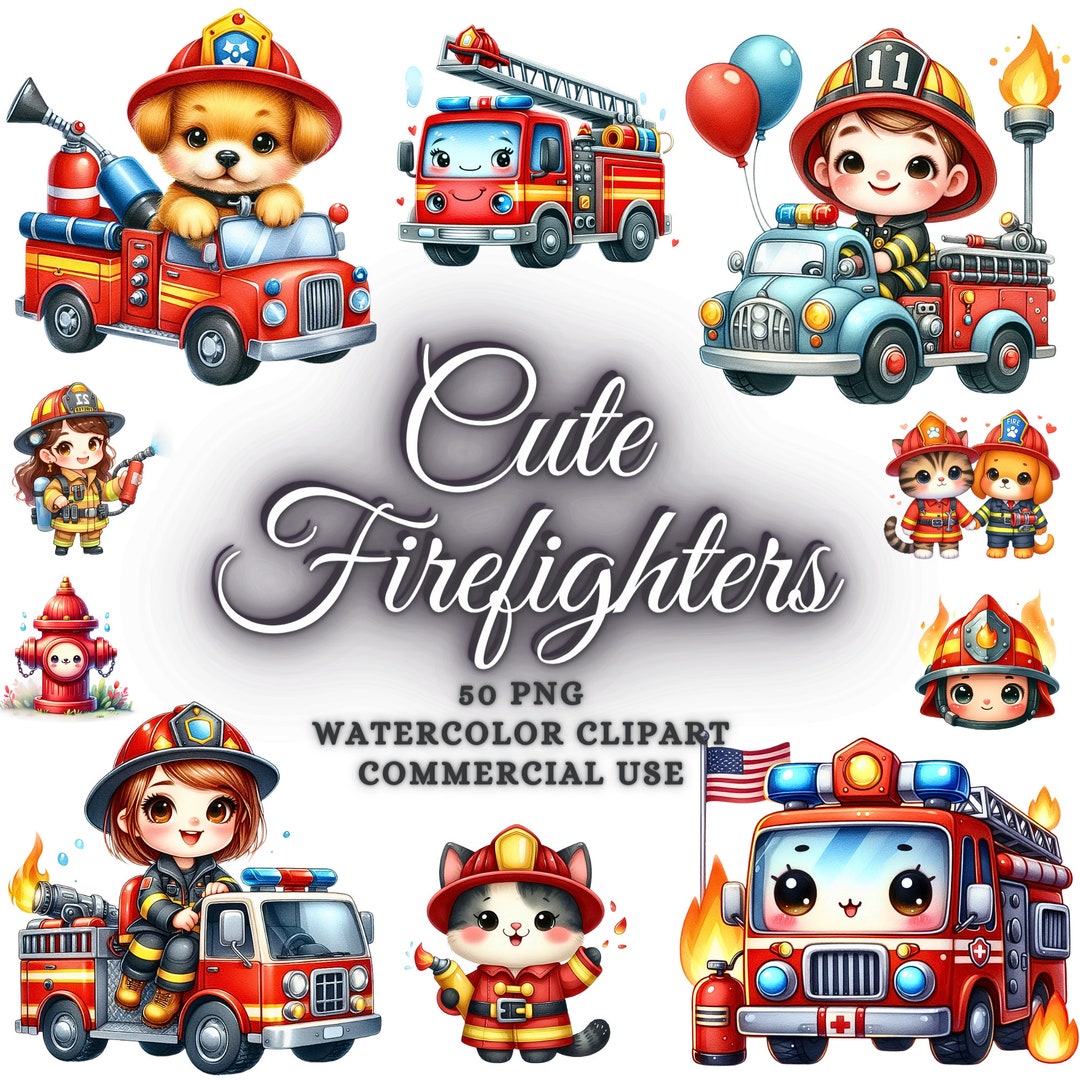 50 Cute Firefighters Clipart Bundle, Watercolor Fire Department PNG ...