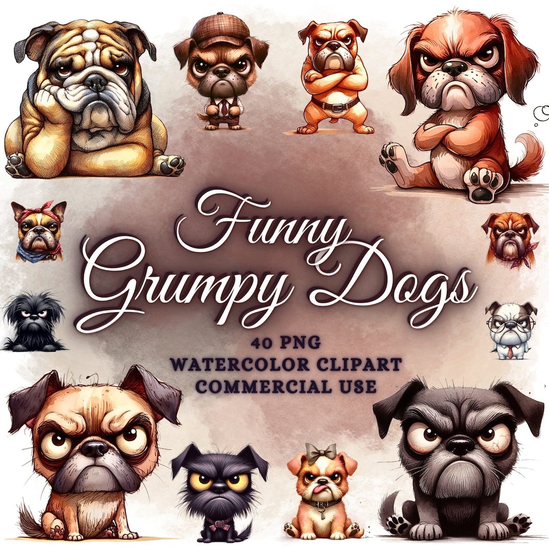 Funny Grumpy Dogs Clipart Bundle, Cute Funny Dog Png Bundle, Watercolor ...