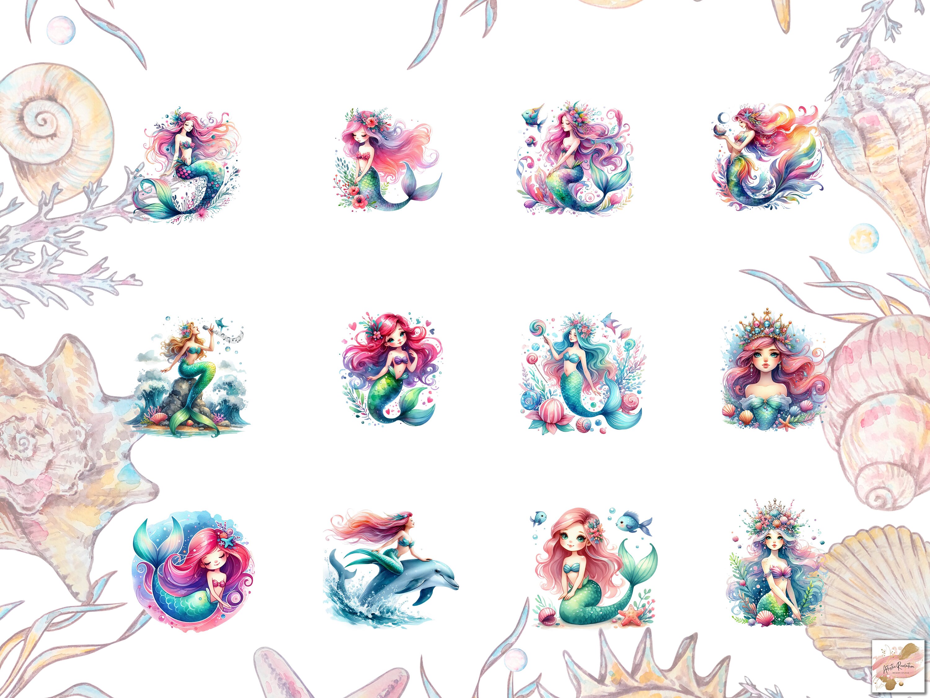 70 Watercolor Mermaids Clipart Bundle, Little Mermaid Clipart Png, Sea ...