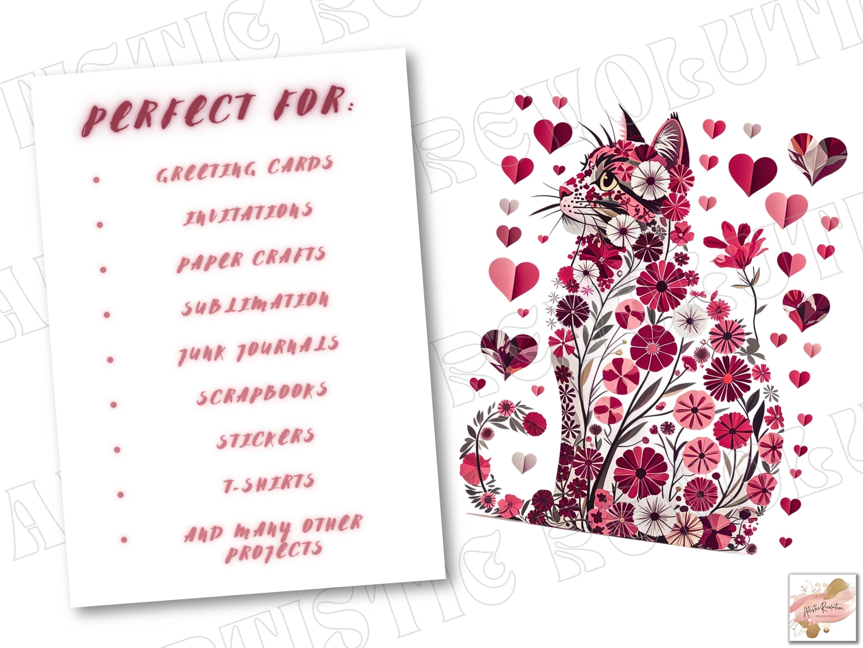 Watercolor Floral Valentine Cat Png Valentine PNG Heart Love Cat ...