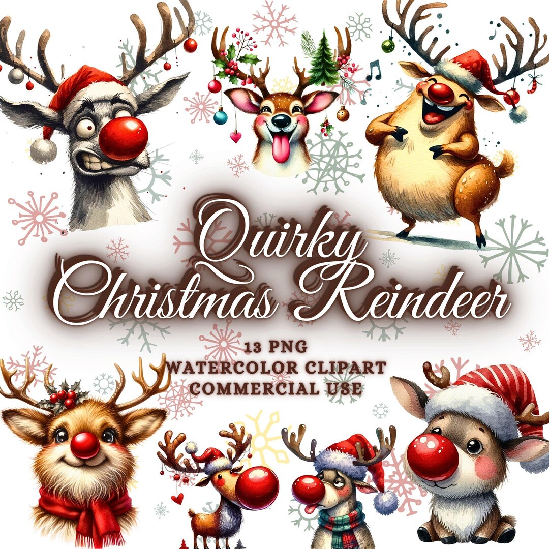 Funny Cute Reindeer PNG Clipart Bundle, Christmas Deer, Watercolor ...