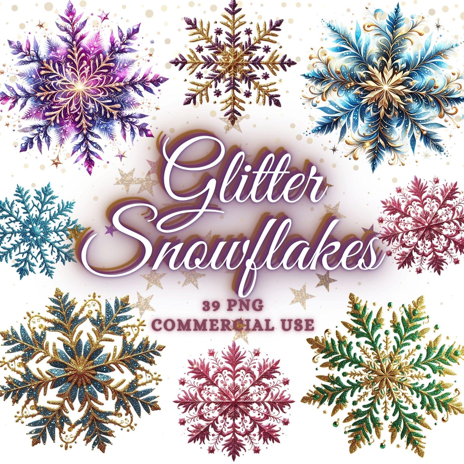Watercolor Glitter Snowflakes Clipart Bundle, Christmas Snowflake Png ...