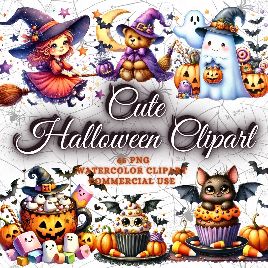 65 Watercolor Cute Halloween Clipart Bundle, Halloween PNG Bundle, Jack ...