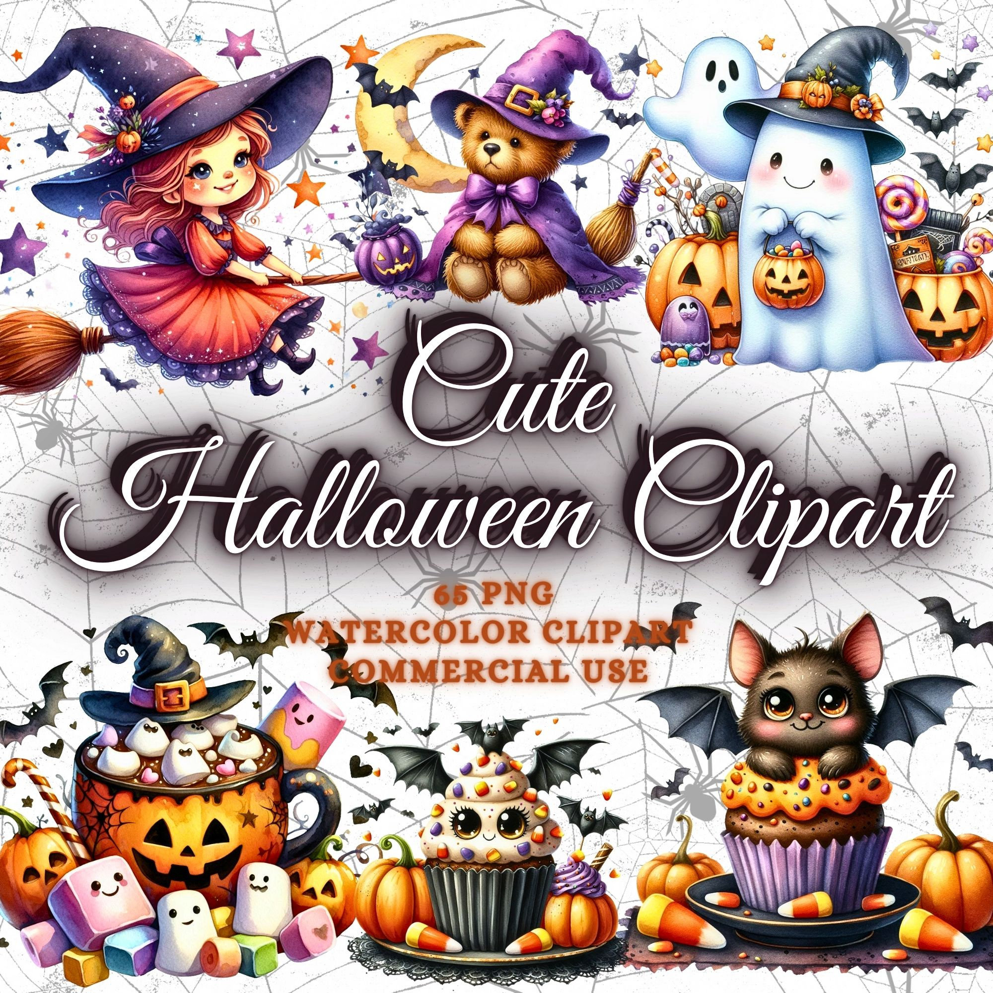 65 Watercolor Cute Halloween Clipart Bundle, Halloween PNG Bundle, Jack ...