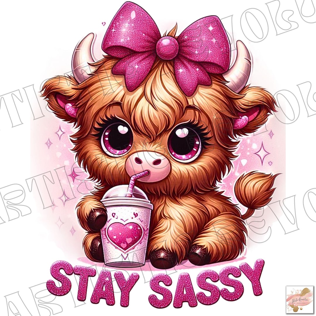 Stay Sassy Highland Cow PNG, Cute Baby Cow Clipart, Coquette Cow ...