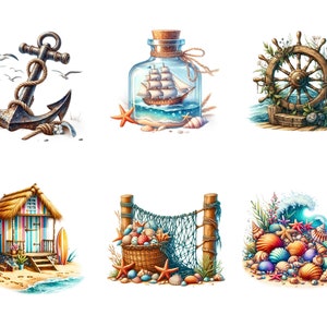 Watercolor Nautical Collection Clipart, 21 PNG, Beach Clipart, Travel ...
