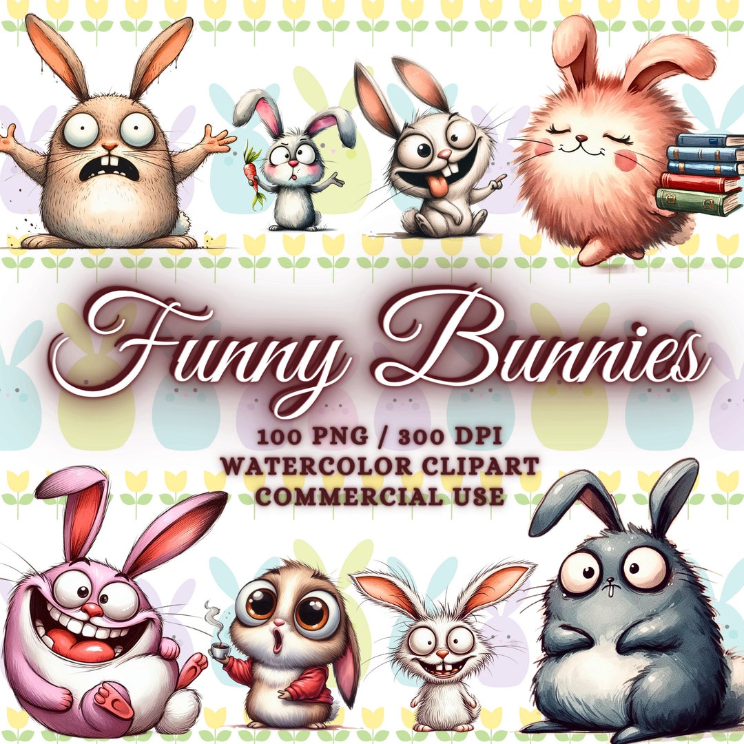 100 Funny Watercolor Bunnies Clipart Bundle, Bunny Png Bundle, Cute ...