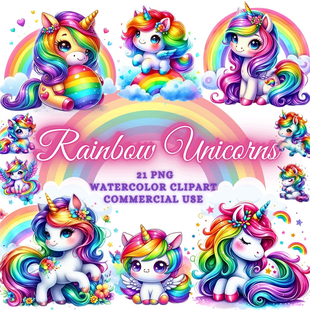 Watercolor Rainbow Unicorn Clipart Bundle, Cute Kawaii Unicorn Clipart ...