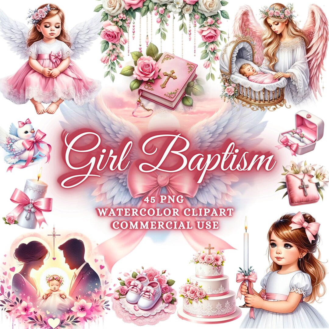 45 Watercolor Baby Girl Baptism Clipart Bundle, Girl Christening PNG ...