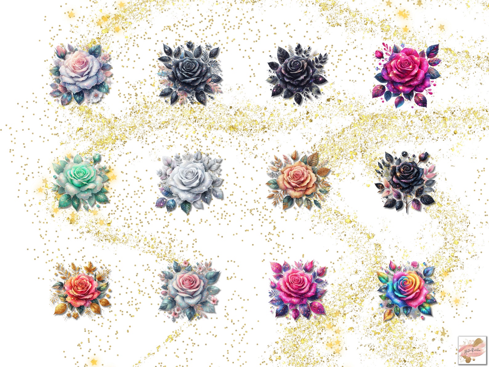 Glitter Roses Clipart Bundle, Watercolor Glitter Flowers Clipart ...