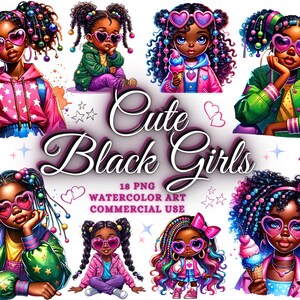 Black Girl Clipart Bundle, Cute African American Girl Fashionable Black ...