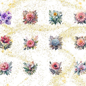 60 Watercolor Glitter Flowers Clipart Bundle, Glitter Flower Png Set ...