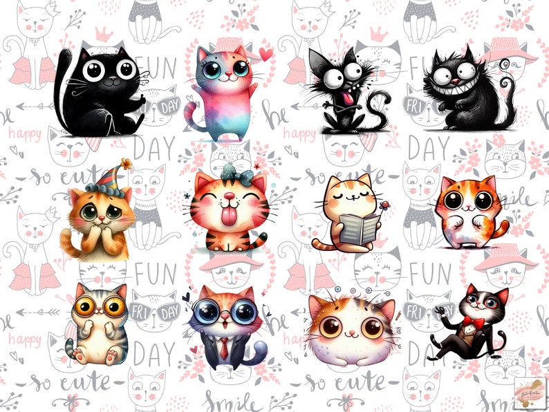 41 Cute & Funny Cat Clipart Bundle, Funny Cute Cat Png Funny Cat Prints ...