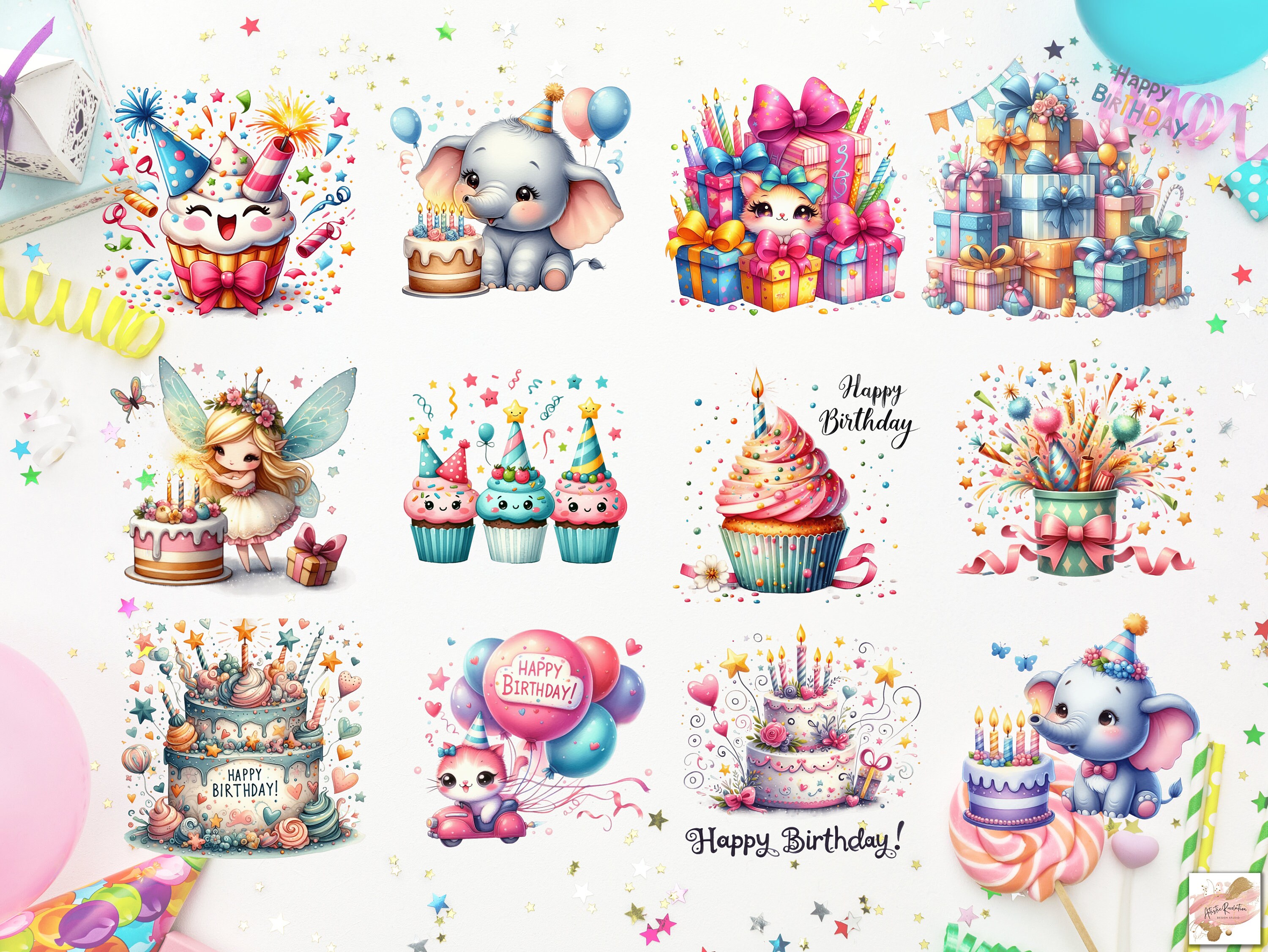 70 Watercolor Happy Birthday Clipart Bundle, Colorful Birthday Clipart ...