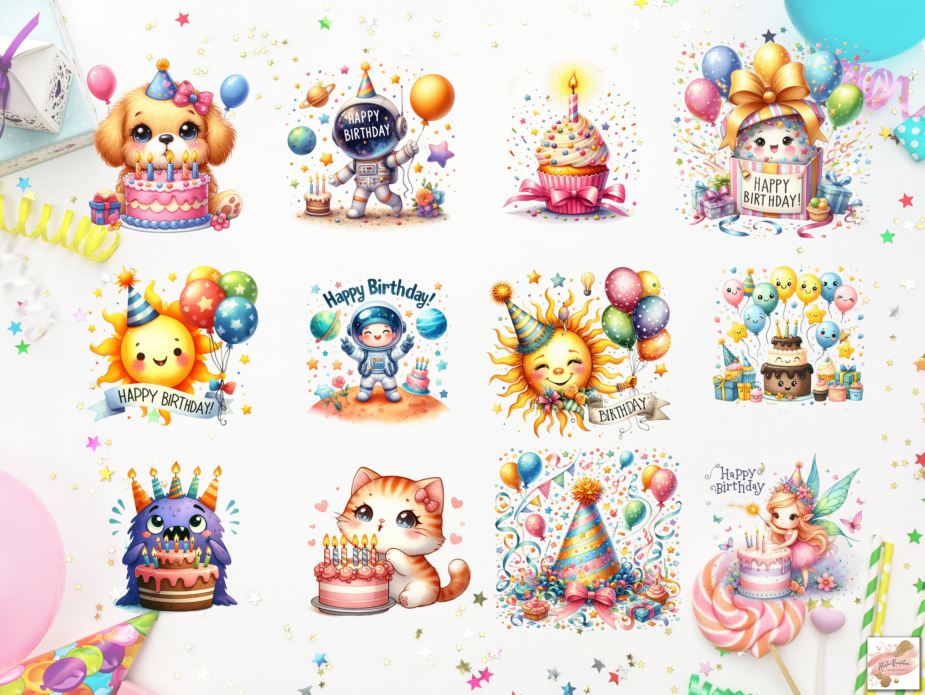 70 Watercolor Happy Birthday Clipart Bundle, Colorful Birthday Clipart ...