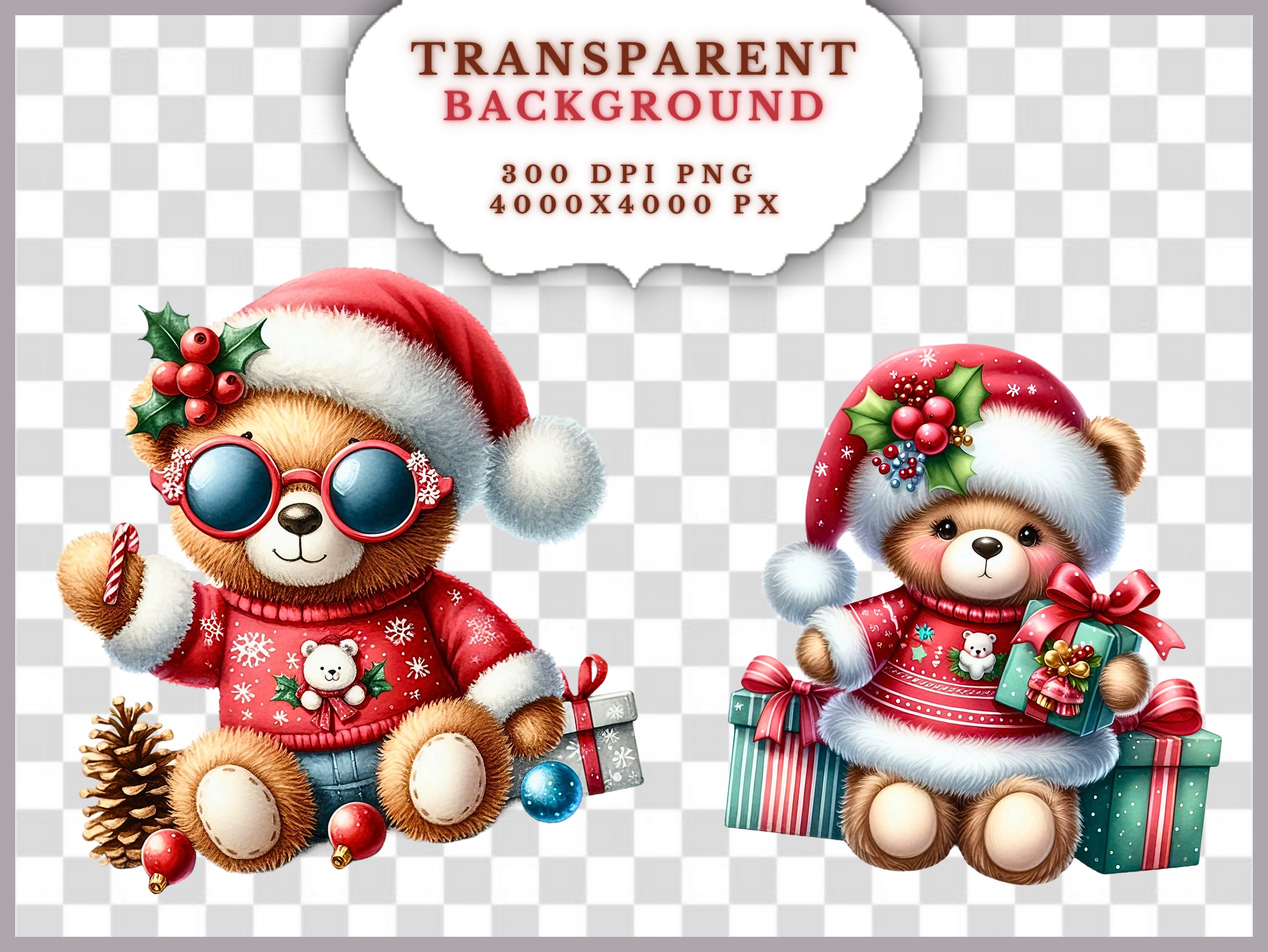 Cute Christmas Teddy Bear Clipart Bundle, Cute Teddy Bear PNG, Holiday ...