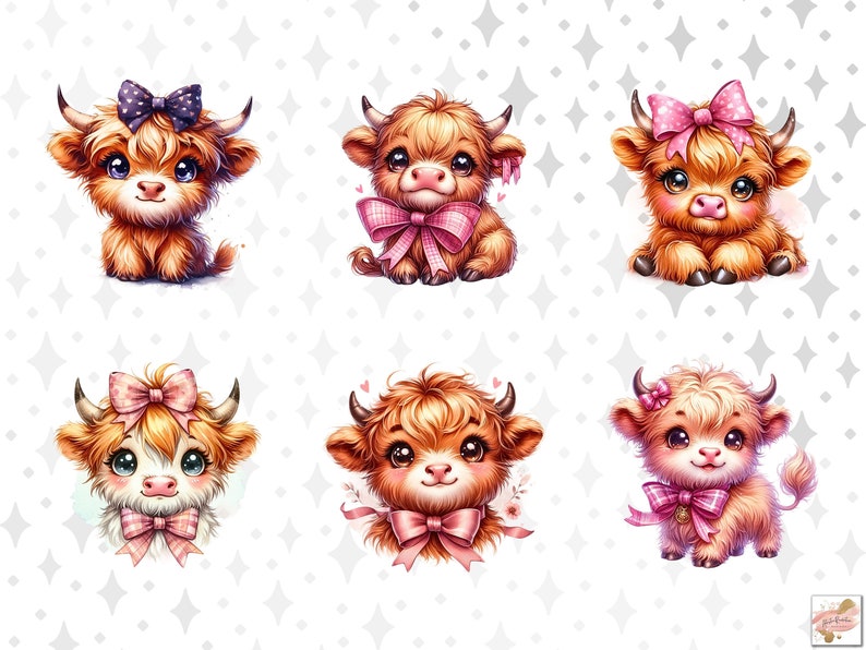 Kawaii Watercolor Highland Cows Clipart Bundle, Cute Baby Highland Cow ...