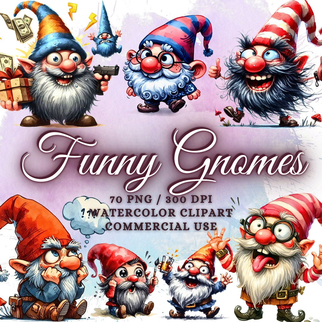 70 Funny Gnomes Clipart Bundle, Watercolor Gnomes Clipart Png, Cute ...