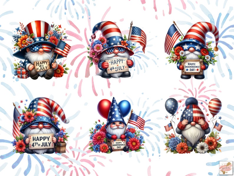 50 Watercolor 4th of July Gnomes Clipart, Patriotic Gnome Clipart, 4th ...