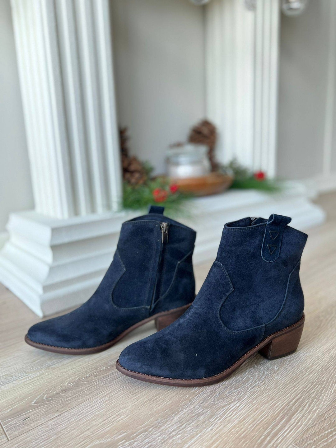 Gloria Dark Blue Suede Western Booties With Handstitch. Vintage Style ...