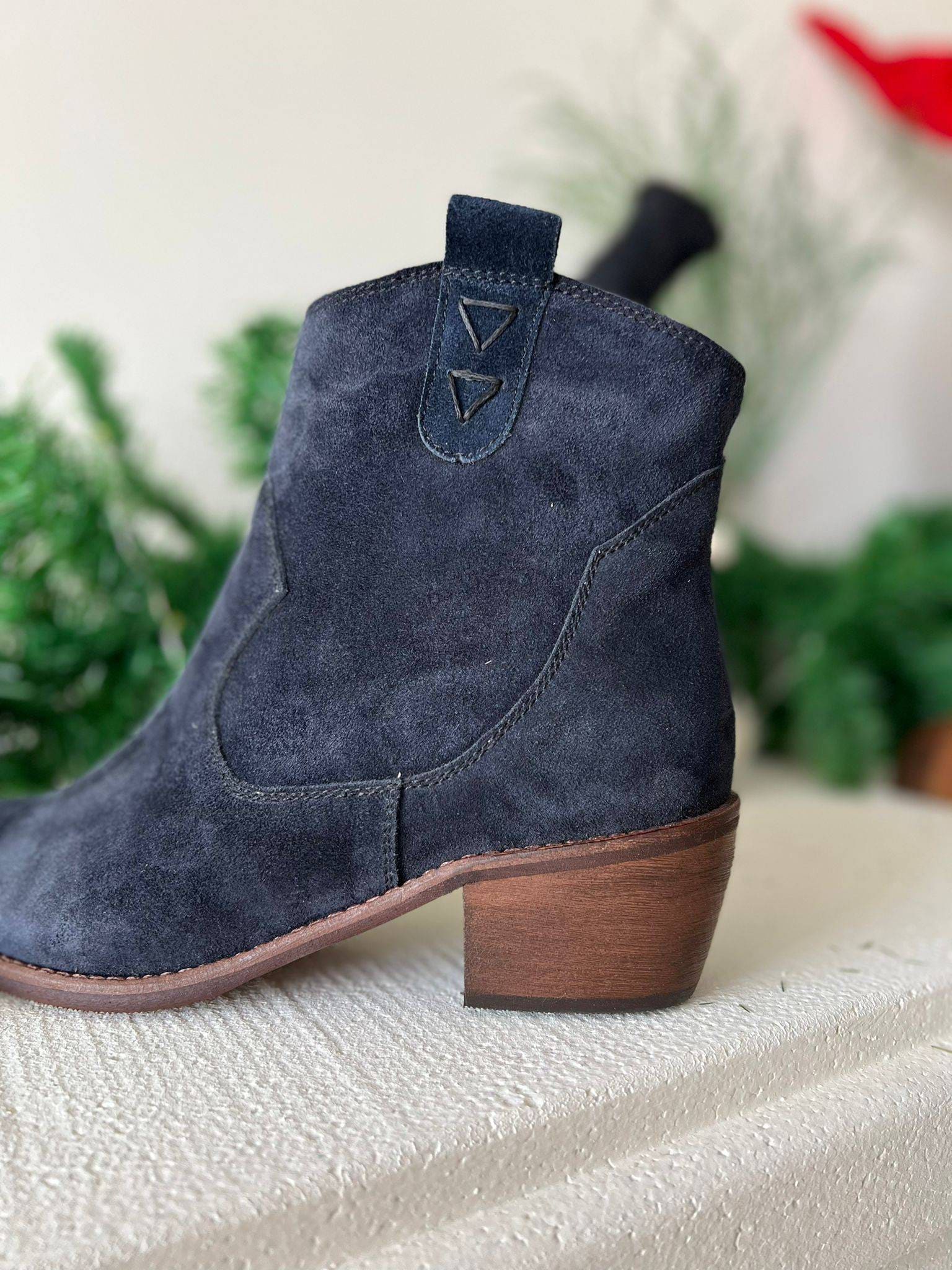 Gloria Dark Blue Suede Western Booties With Handstitch. Vintage Style ...