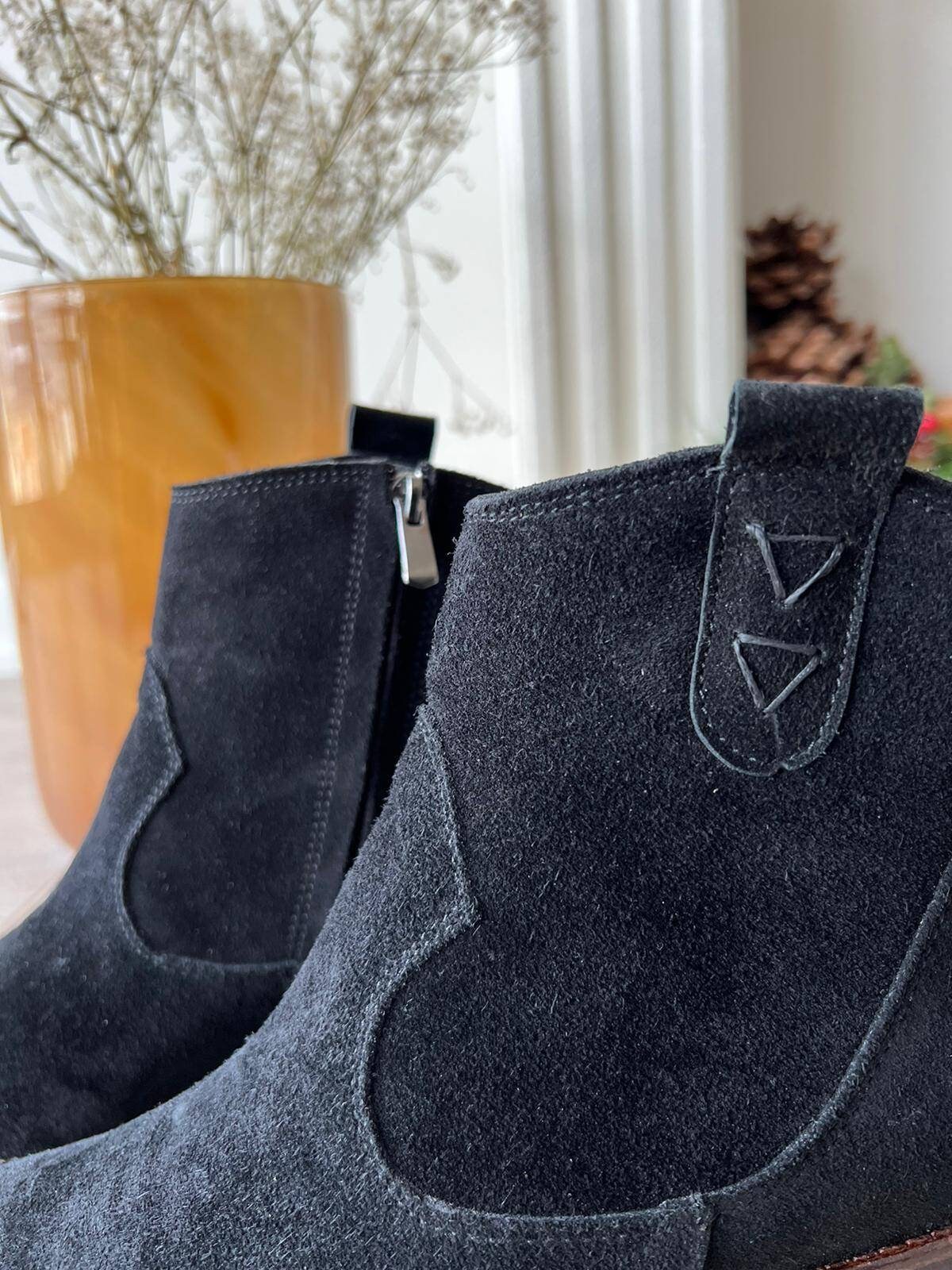 Gloria Dark Blue Suede Western Booties With Handstitch. Vintage Style ...
