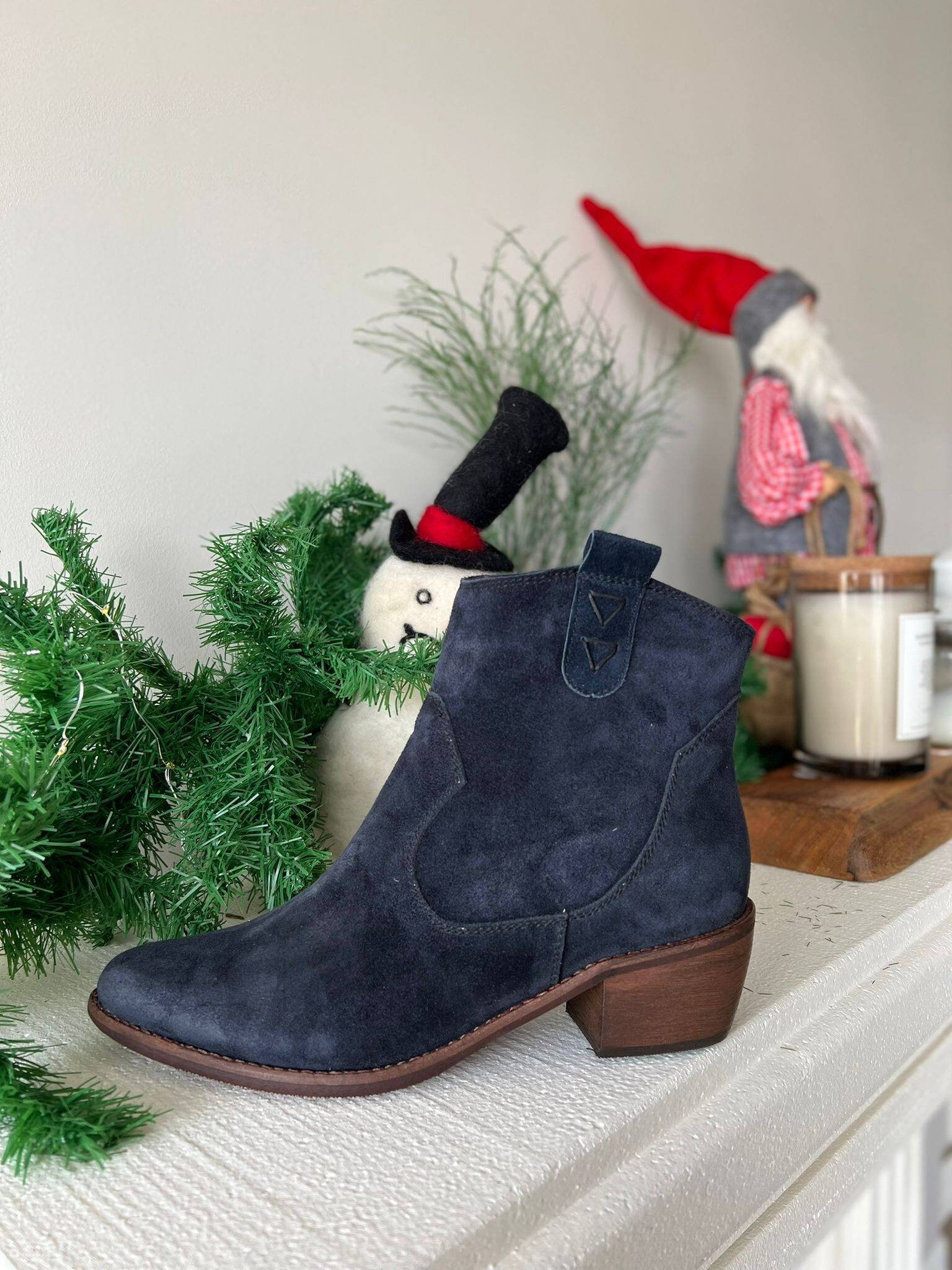 Gloria Dark Blue Suede Western Booties With Handstitch. Vintage Style ...