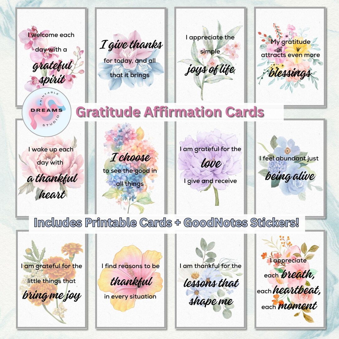 Gratitude Affirmation Cards and Stickers for Goodnotes Floral Design ...